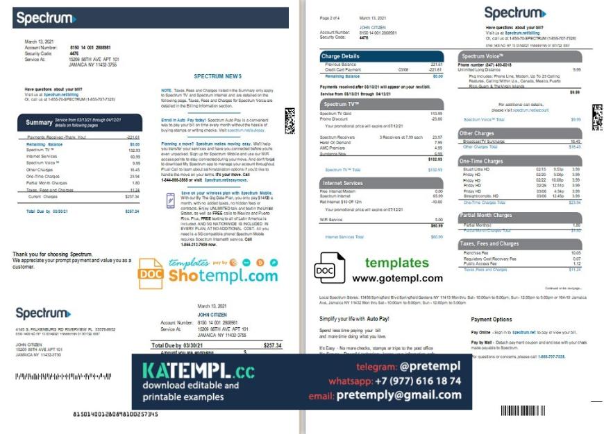 generate USA Spectrum utility bill in Word and PDF format (4 pages)