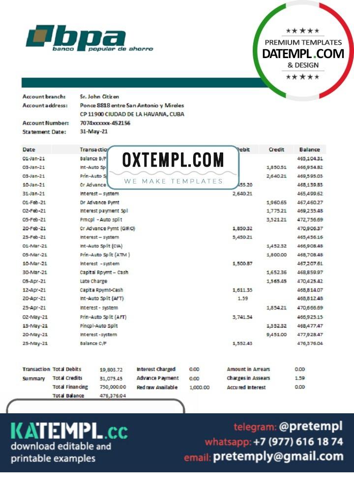 generate Cuba Banco Popular de Ahorro (BPA) bank statement easy to fill in Excel and PDF format