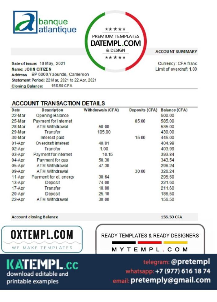 generate Cameroon Atlantic bank statement in Excel and PDF format