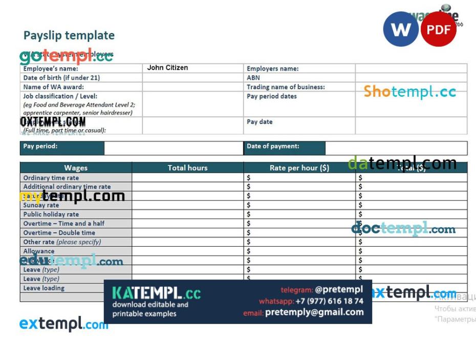 generate AUSTRALIA WAGELINE payslip in Word and PDF formats