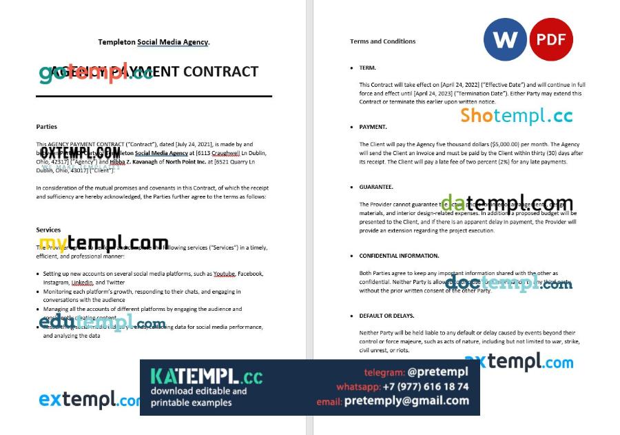 generate agency payment contract in Word and PDF format