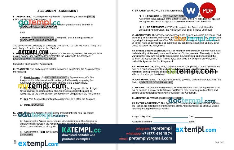 generate assignment agreement form , Word and PDF format