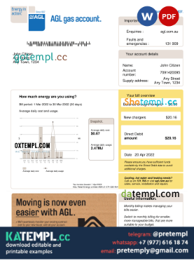 generate Australia AGL gas utility bill Word and PDF , version 2