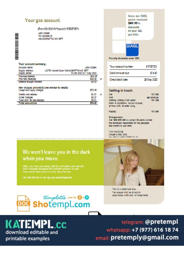 generate Australia AGL gas utility bill in Word and PDF format