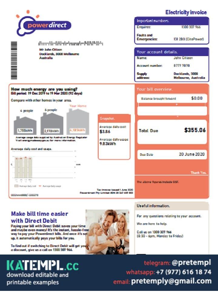 generate Australia Powerdirect electricity utility bill in Word and PDF ...