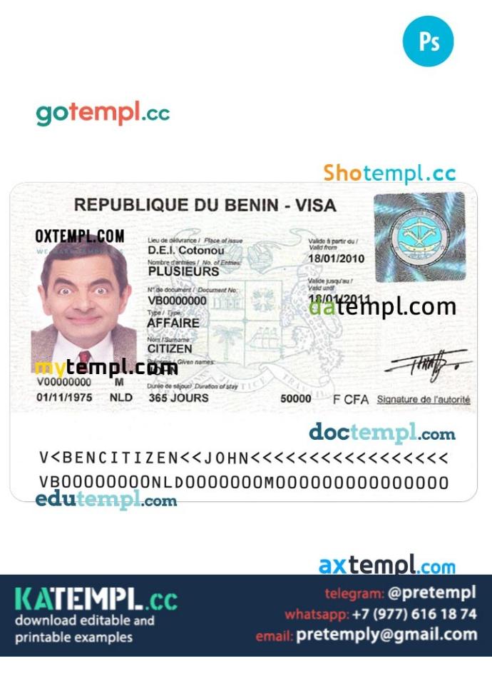 generate Benin travel/entry visa PSD , with fonts