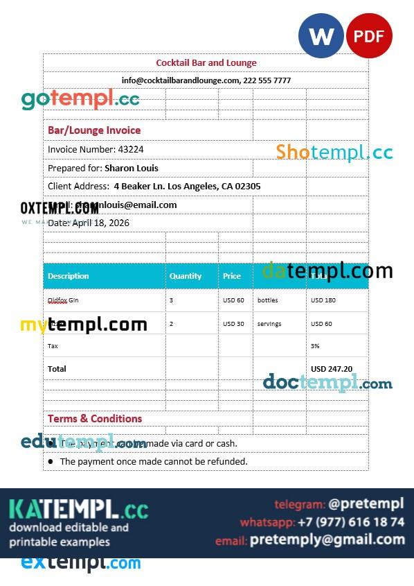 generate BarLounge Invoice in word and pdf format