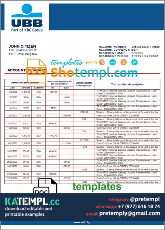 generate Bulgaria UBB bank proof of addrestatement in Word and PDF format