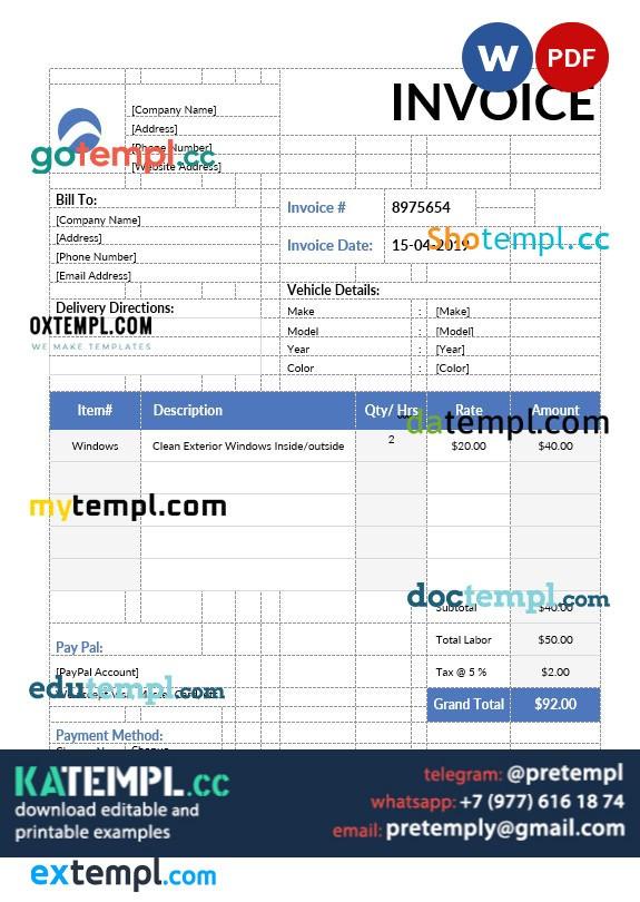 generate Car Wash Invoice in word and pdf format