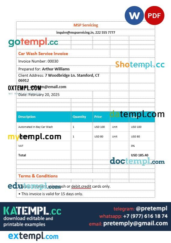 generate Car Wash Service Invoice in word and pdf format