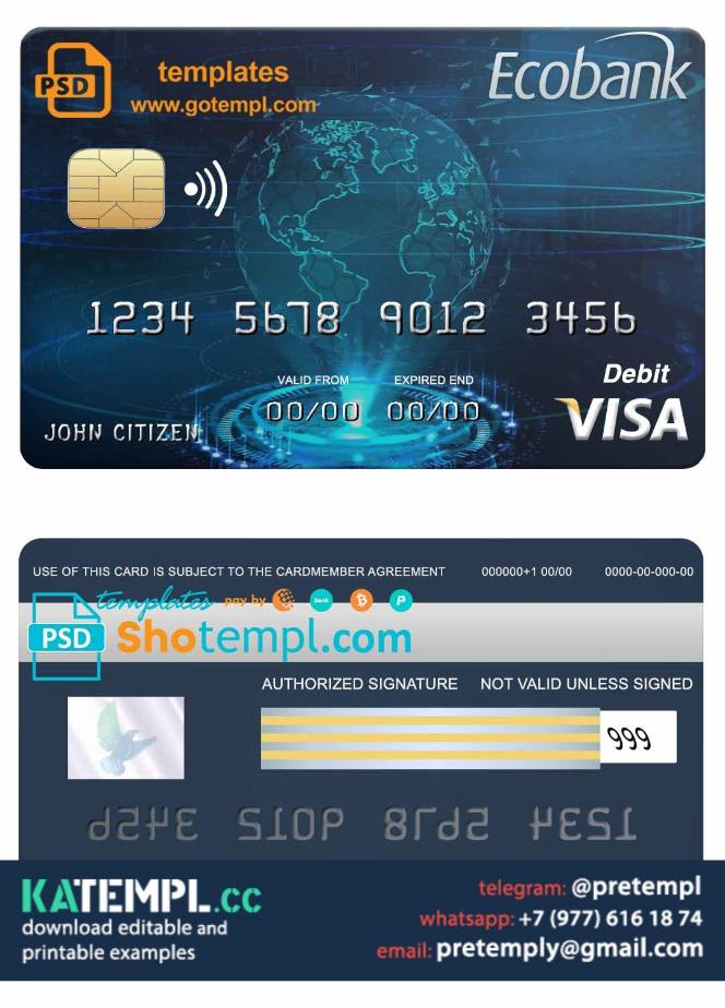 generate Chad Ecobank visa credit card in PSD format, fully editable
