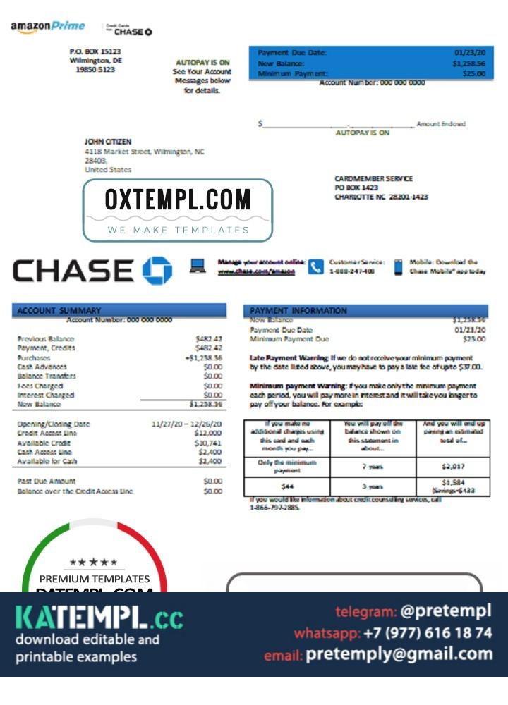 generate USA Chase bank credit card statement in .doc and .pdf format