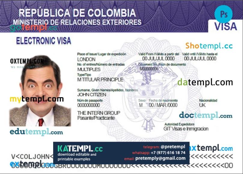 generate Colombia electronic visa in PSD format, fully editable