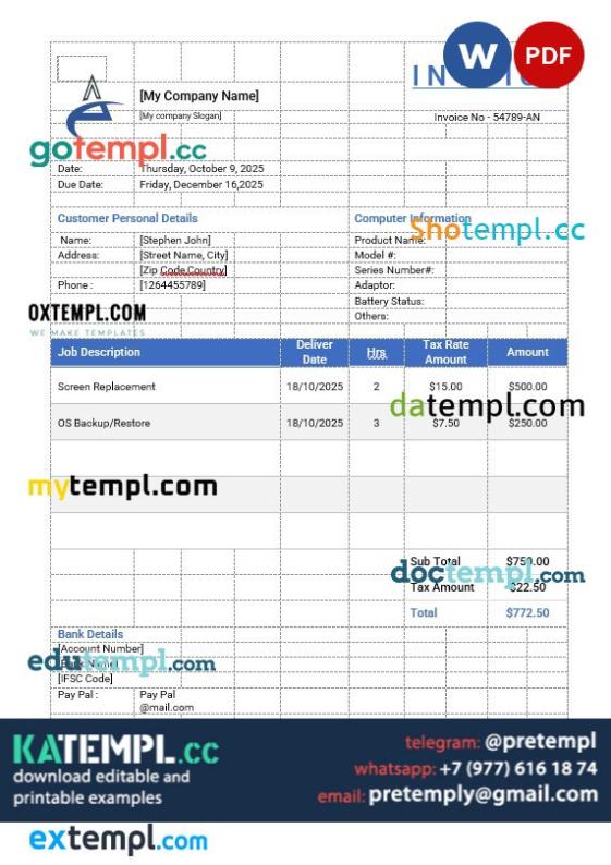 generate Computer Repair Invoice in word and pdf format
