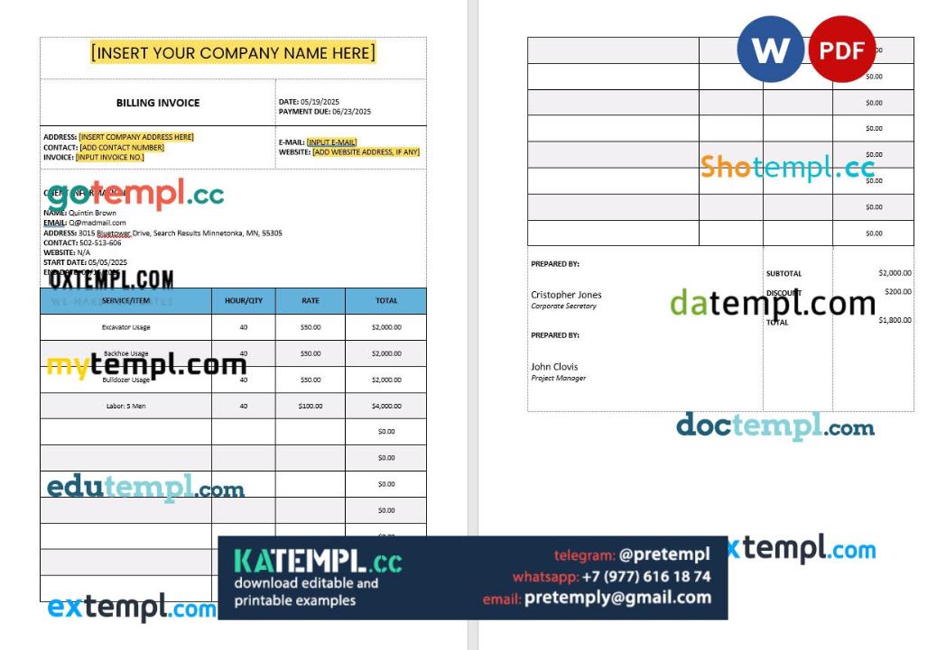 generate Construction Billing Invoice in word and pdf format