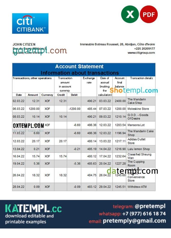 generate Cote d'Ivoire Citibank bank statement Excel and PDF