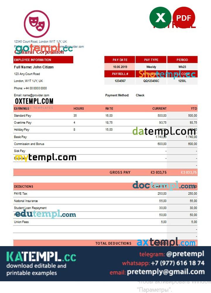 generate Cultural corporation payroll in Excel and PDF formats