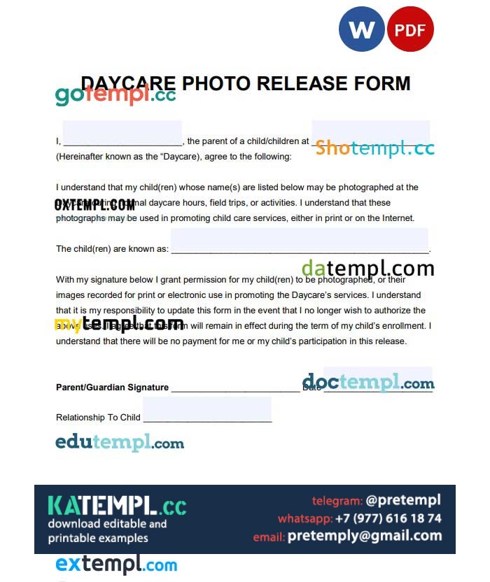 generate daycare photo child release Form , Word and PDF format