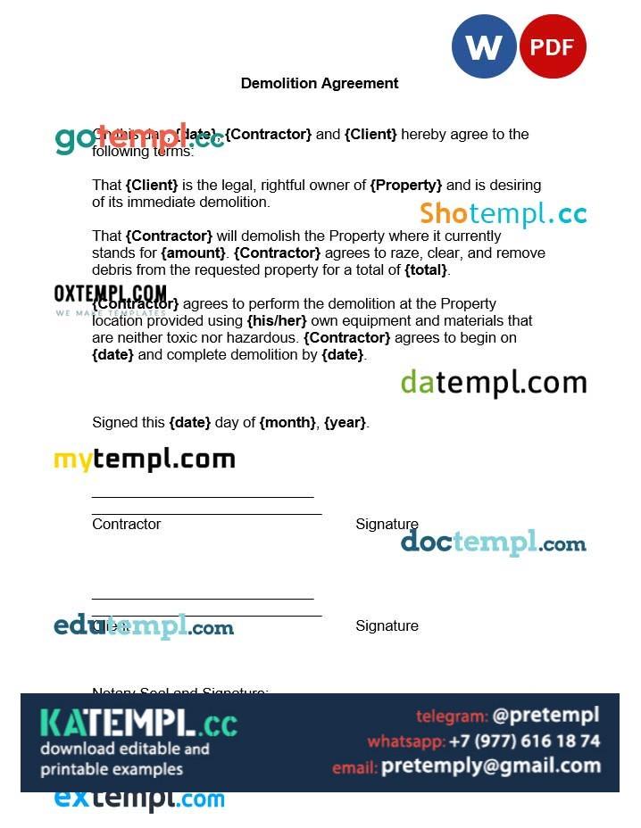 generate demolition agreement , Word and PDF format