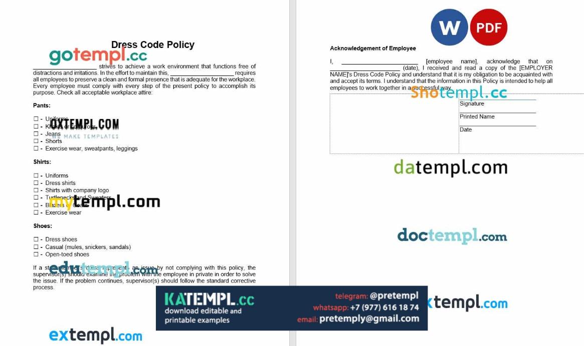 generate dress code policy , Word and PDF format