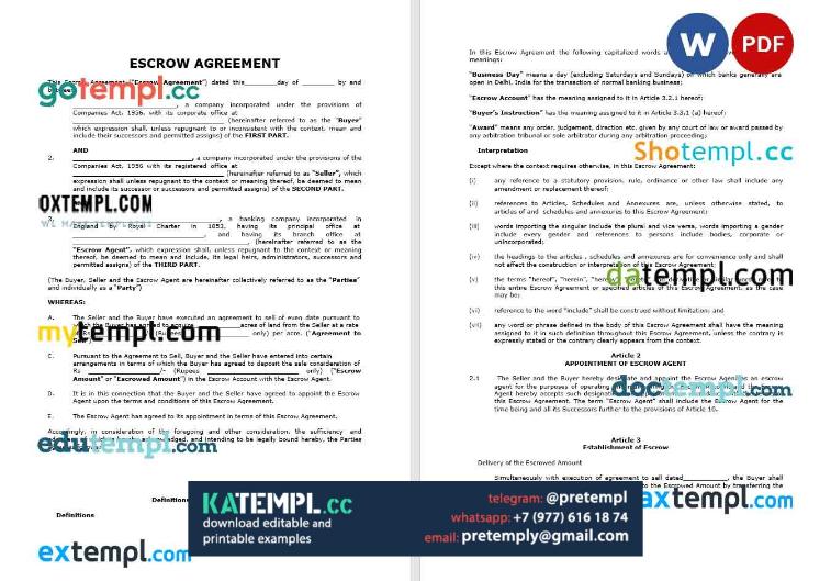 generate escrow agreement , Word and PDF format