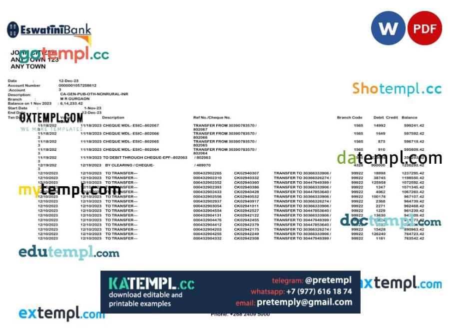 generate Eswatini Swazibank Limited bank statement Word and PDF