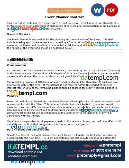 generate event planner contract , Word and PDF format