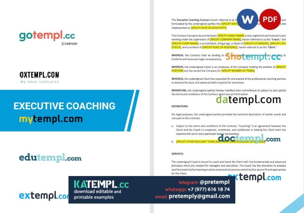 generate executive coaching contract , Word and PDF format