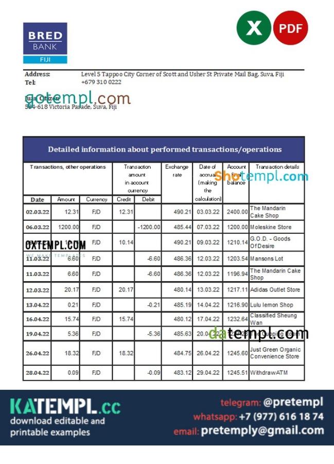 generate Fiji Bred bank statement Excel and PDF