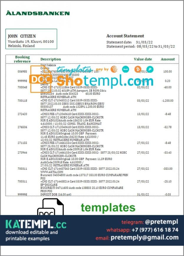 generate Finland Aland Bank statement in Word and PDF format