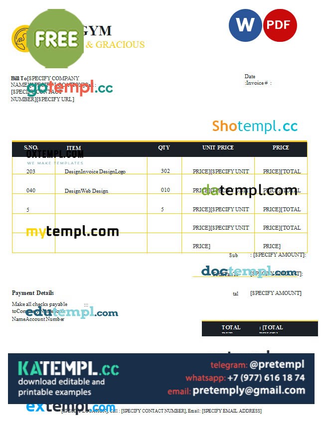generate Free Gym Invoice in word and pdf format