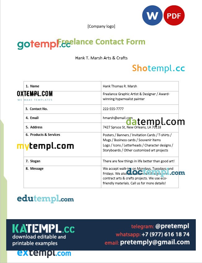 generate freelance contact form , Word and PDF format