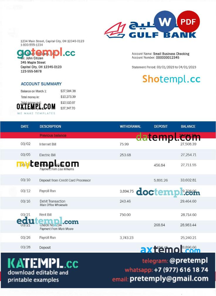 generate Gulf Bank company account statement Word and PDF
