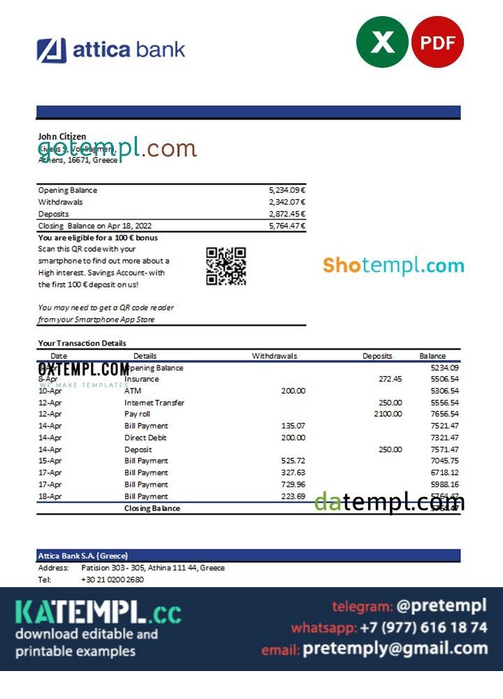 generate Greece Attica bank statement Excel and PDF