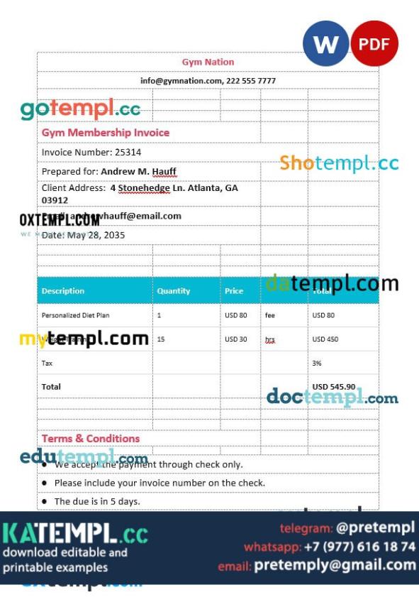 generate Gym Membership Invoice in word and pdf format