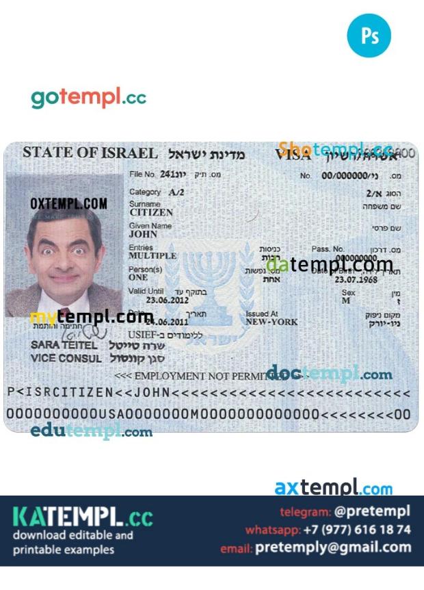 generate Israel tourist visa PSD , completely editable, with fonts