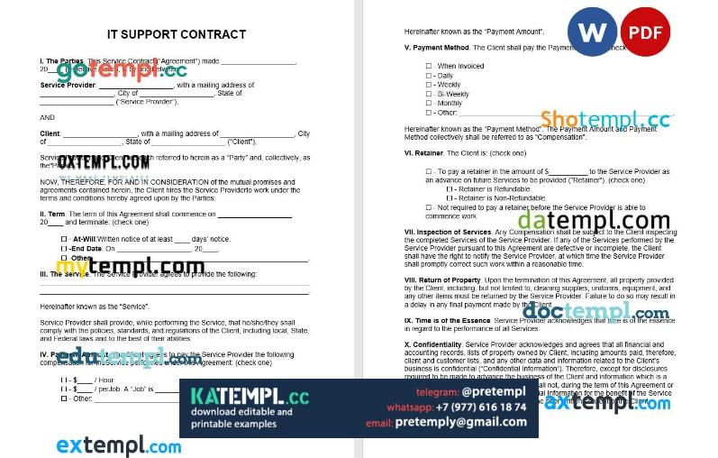 generate IT SUPPORT contract , Word and PDF format