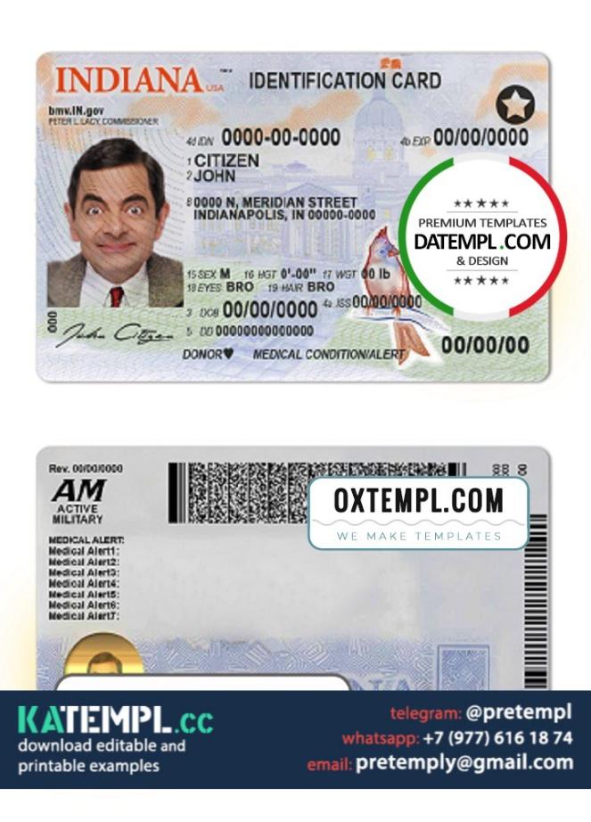 generate USA Indianatate ID in PSD format, fully editable