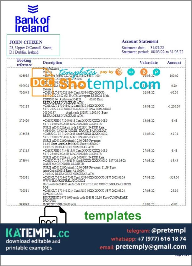 generate Ireland Bank of Ireland bank statement in Word and PDF format