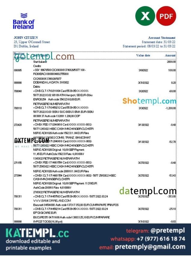 generate Ireland Bank of Ireland bank statement Excel and PDF