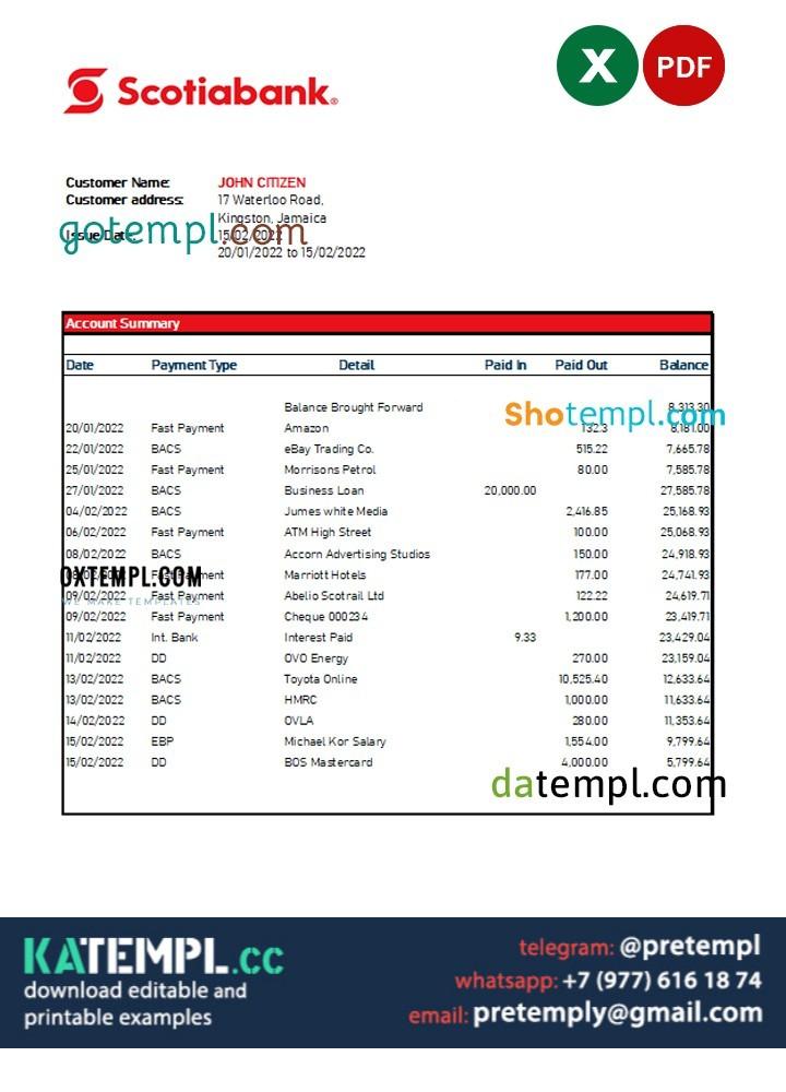 generate Jamaica Scotiabank bank statement Excel and PDF