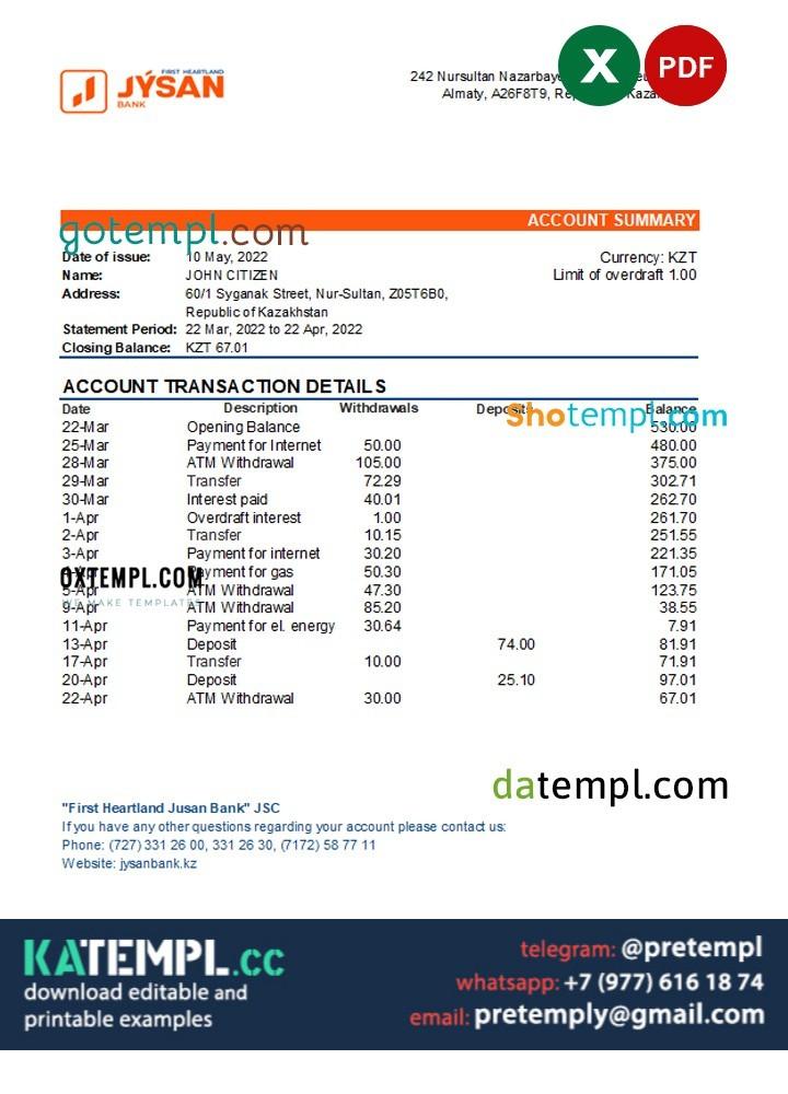 generate Kazakhstan First Heartland Jusan bank statement Excel and PDF