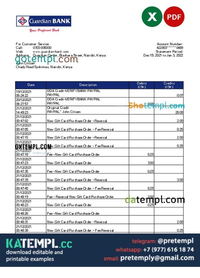 generate Kenya Guardian Bank statement Excel and PDF