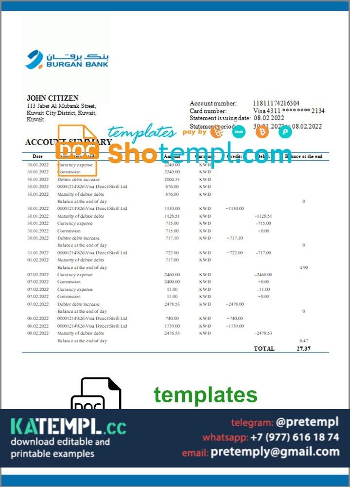generate Kuwait Burgan Bank statement in Word and PDF format