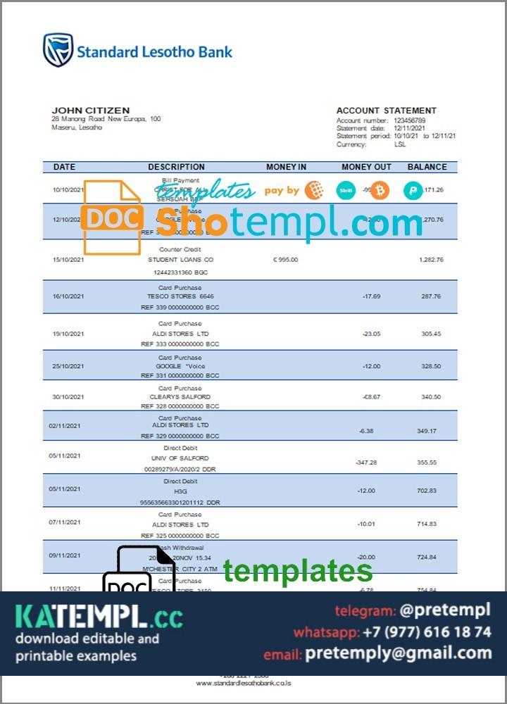 generate Lesotho Standard Lesotho Bank statement in Word and PDF format