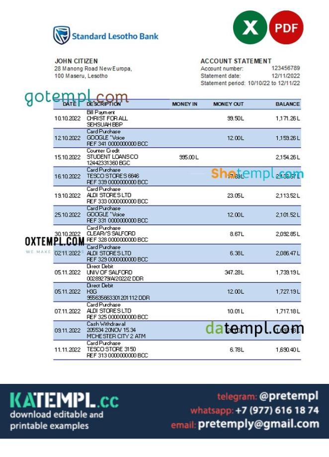 generate Lesotho Standard Lesotho Bank statement Excel and PDF