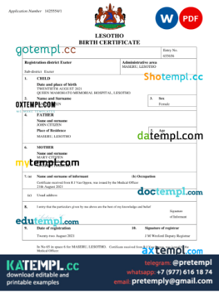 generate Lesotho birth certificate Word and PDF , completely editable