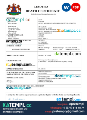 generate Lesotho vital record death certificate Word and PDF