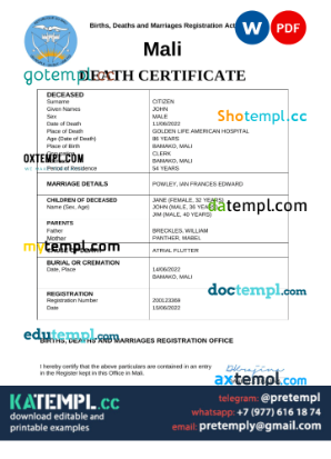 generate Mali vital record death certificate Word and PDF