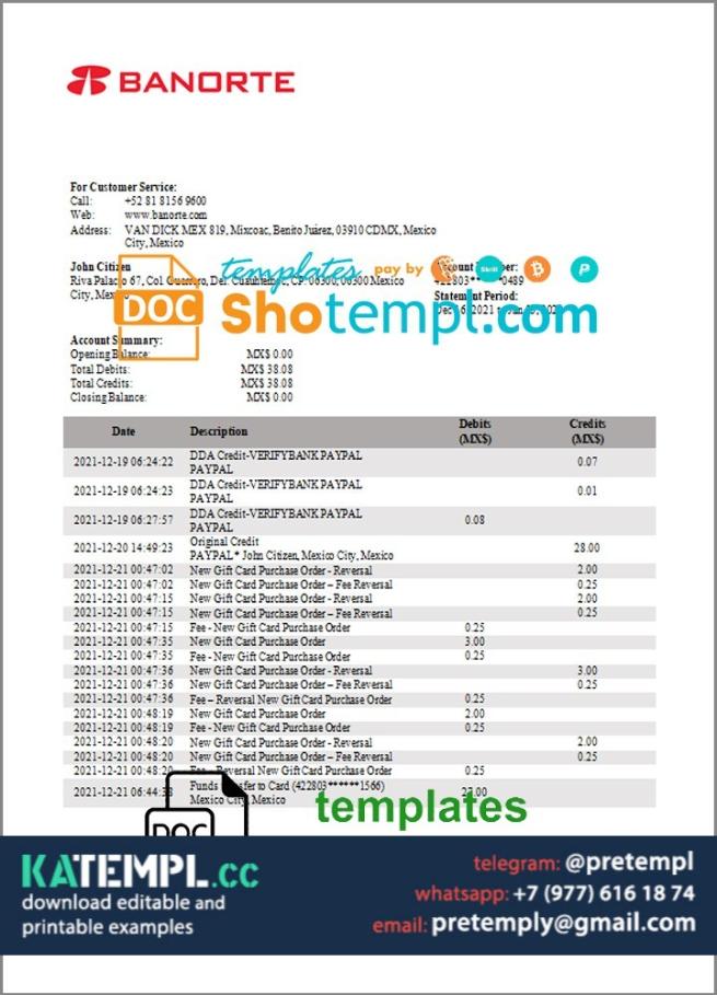 generate Mexico Banorte bank statement easy to fill in Word and PDF format